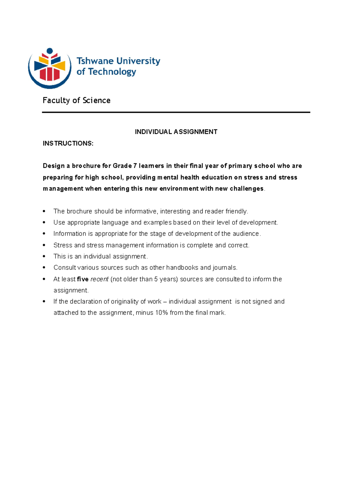 Stress Management - Faculty of Science INDIVIDUAL ASSIGNMENT ...