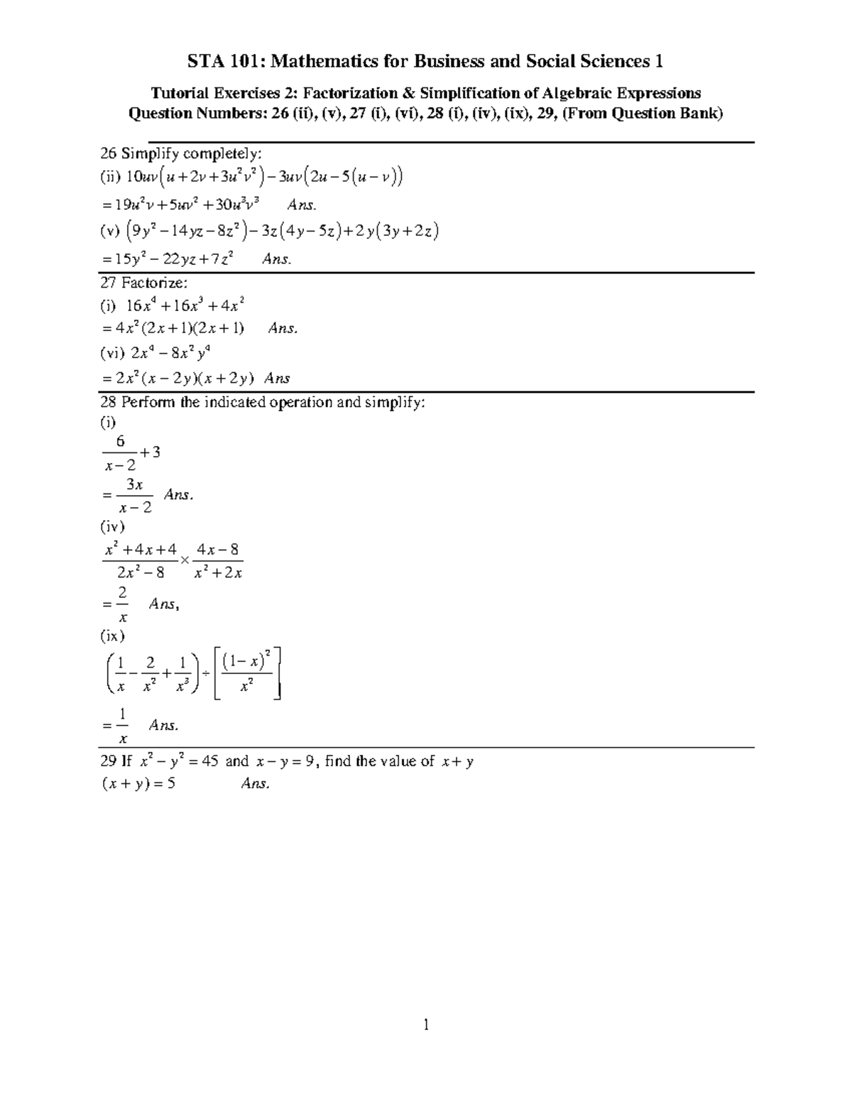T 2-Ch 1 Factorization & Simplification-Question- STA 101 2024 - 1 STA ...