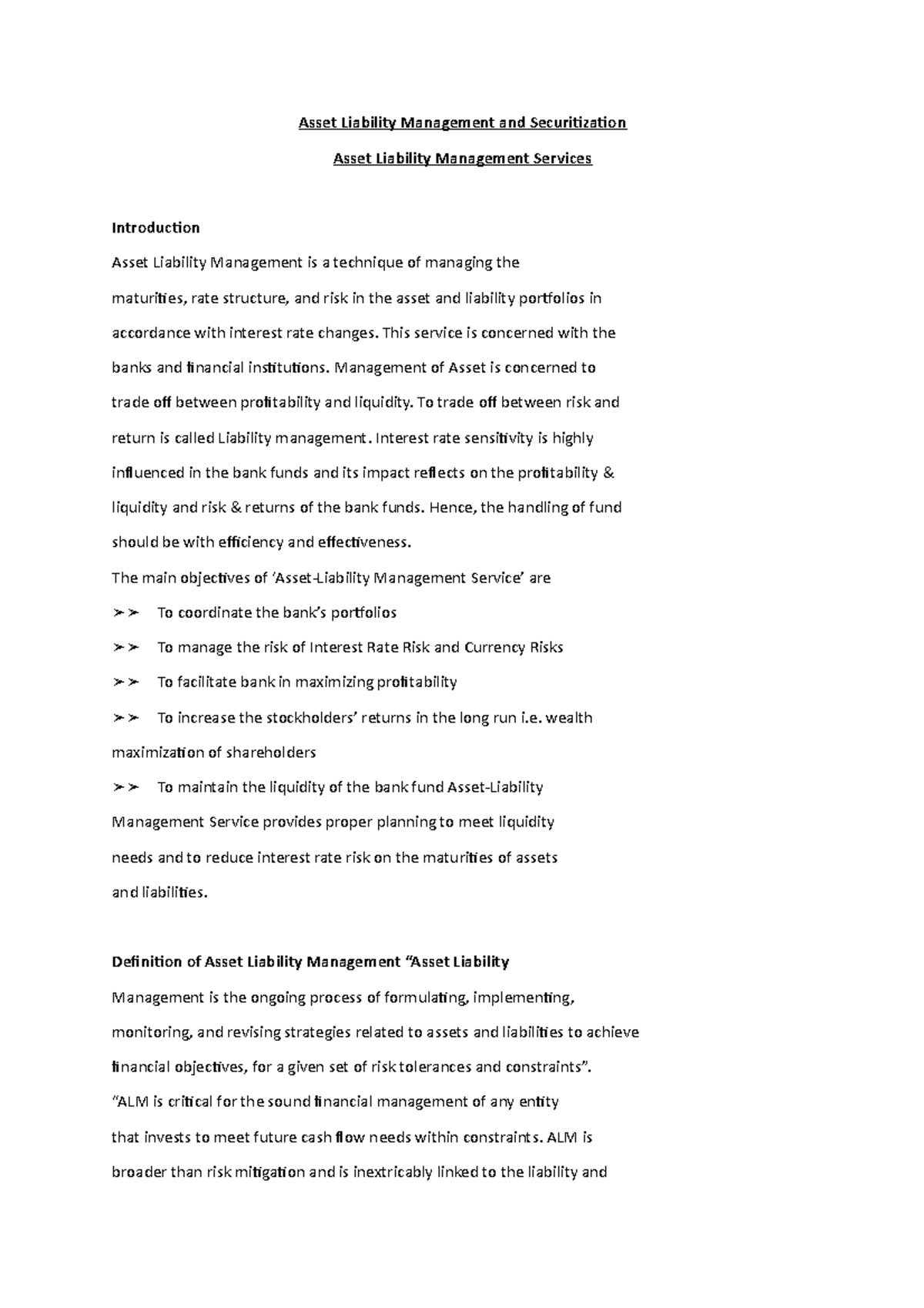 Mbfs 52 - Shortest note - Asset Liability Management and Securitization ...