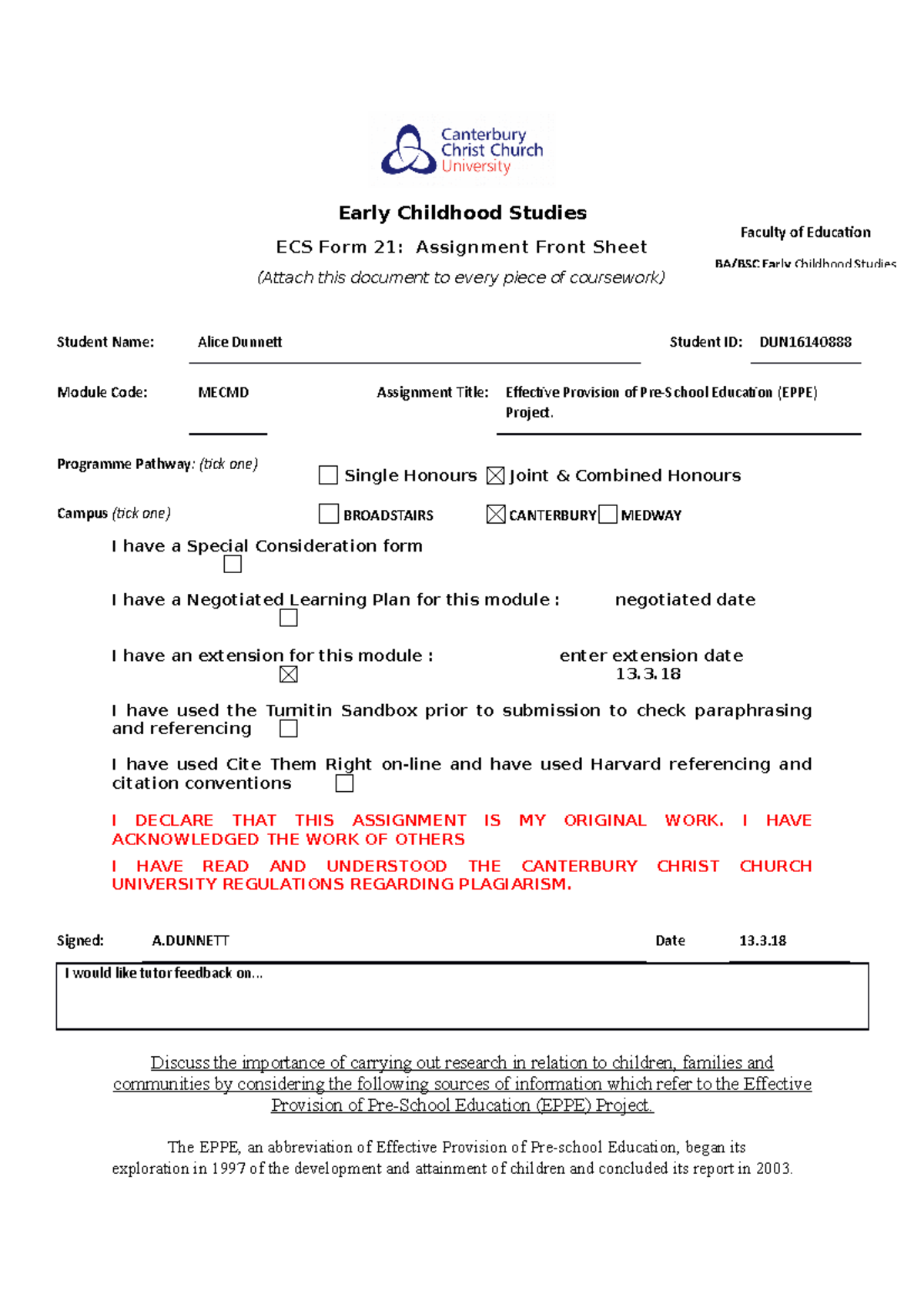 Part 1 EPPE project - Grade: 2.2 - Early Childhood Studies Faculty of ...