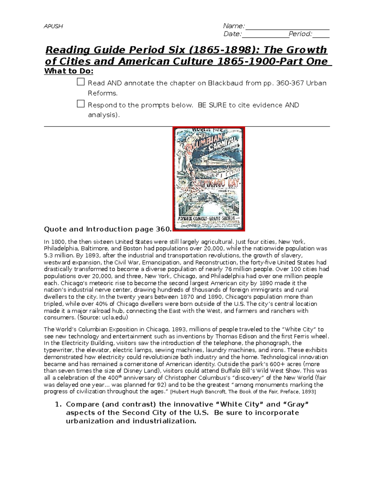 Reading Guide Growthof Ciitesand American Culture 1865-1900 - Date ...