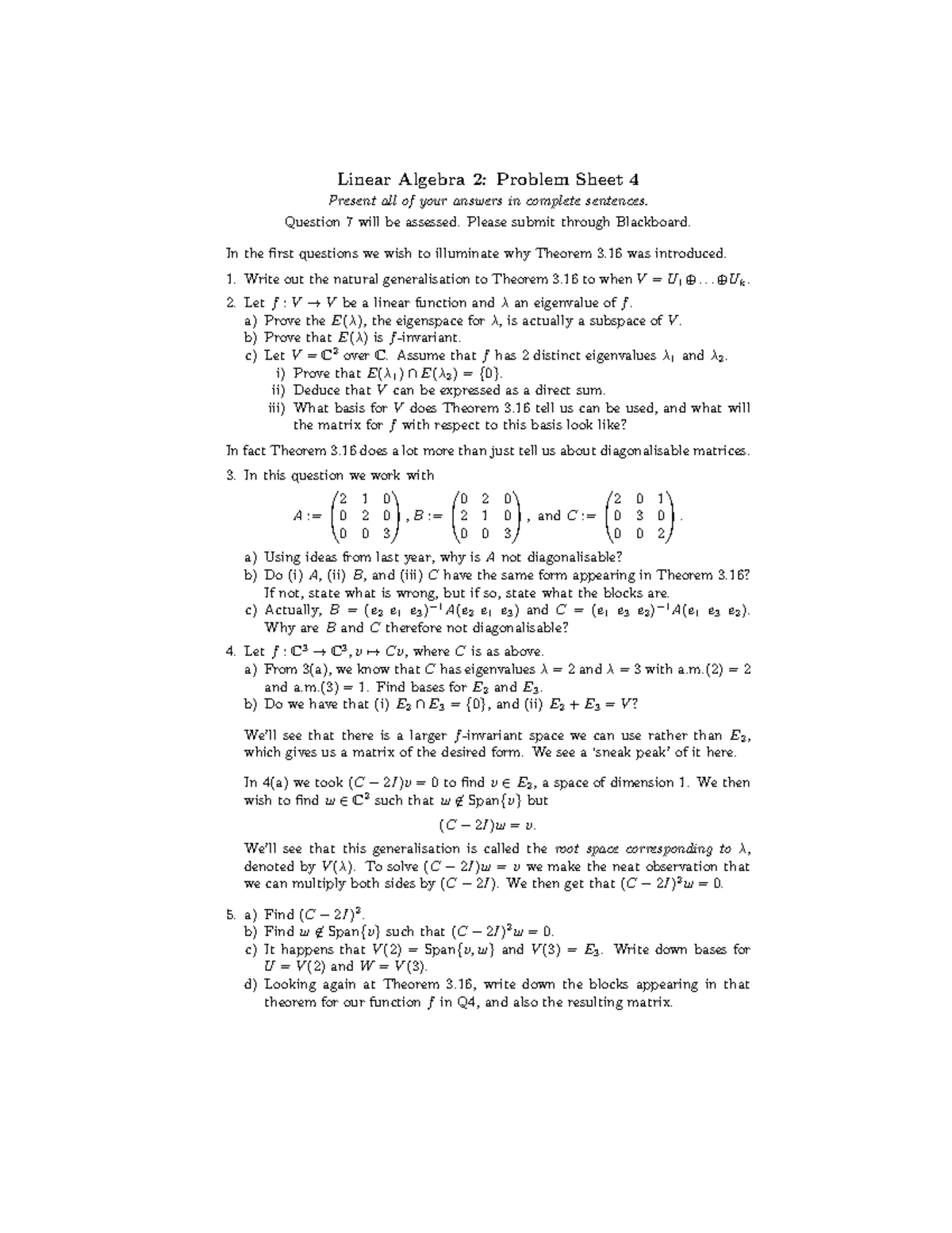 LA PS 4 - Non anan - Linear Algebra 2: Problem Sheet 4 Present all of ...