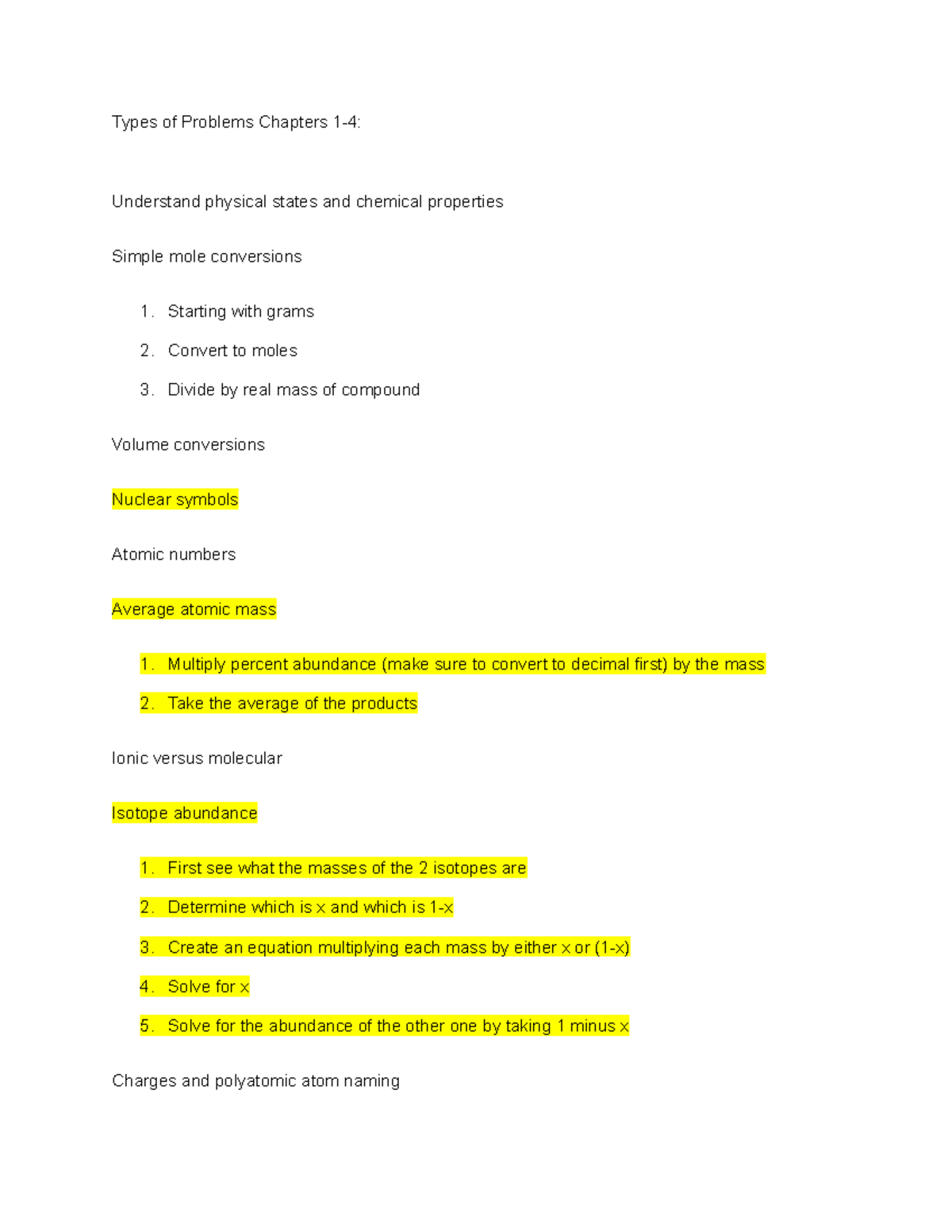 Chem Problem Study Guide - Types of Problems Chapters 1-4: Understand ...