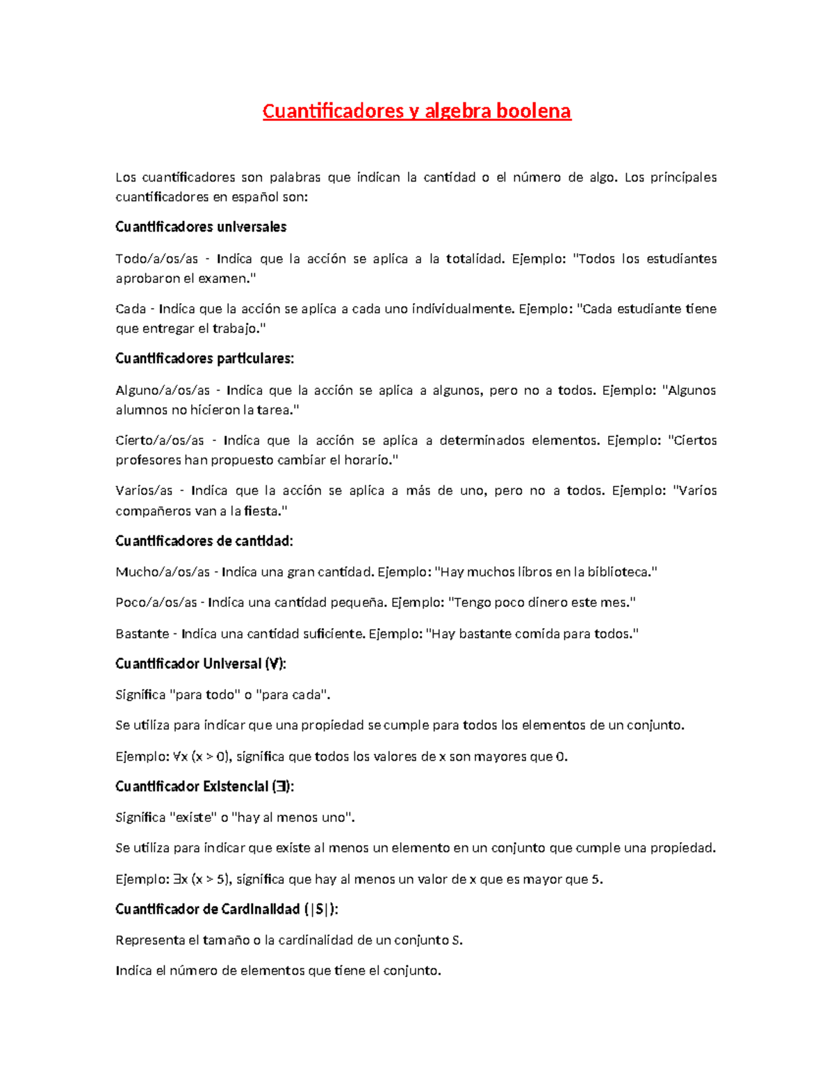Cuantificadores y algebra boolena - Los principales cuantificadores en ...