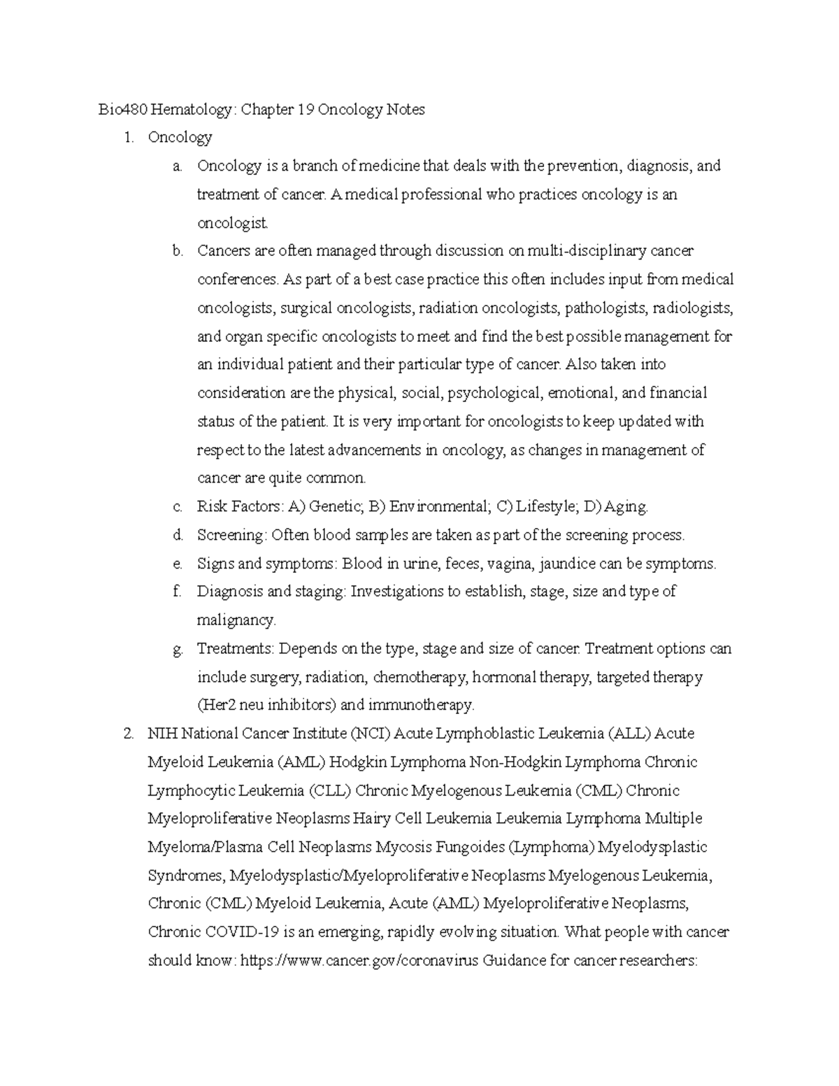 Bio480 Hematology Chapter 19 Oncology Notes - Oncology a. Oncology is a ...