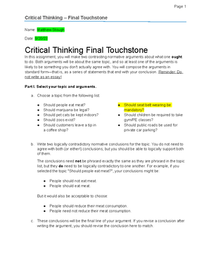 Critical Thinking Touchstone 4 - Critical Thinking – Final Touchstone Name: Devin Pollard Date ...