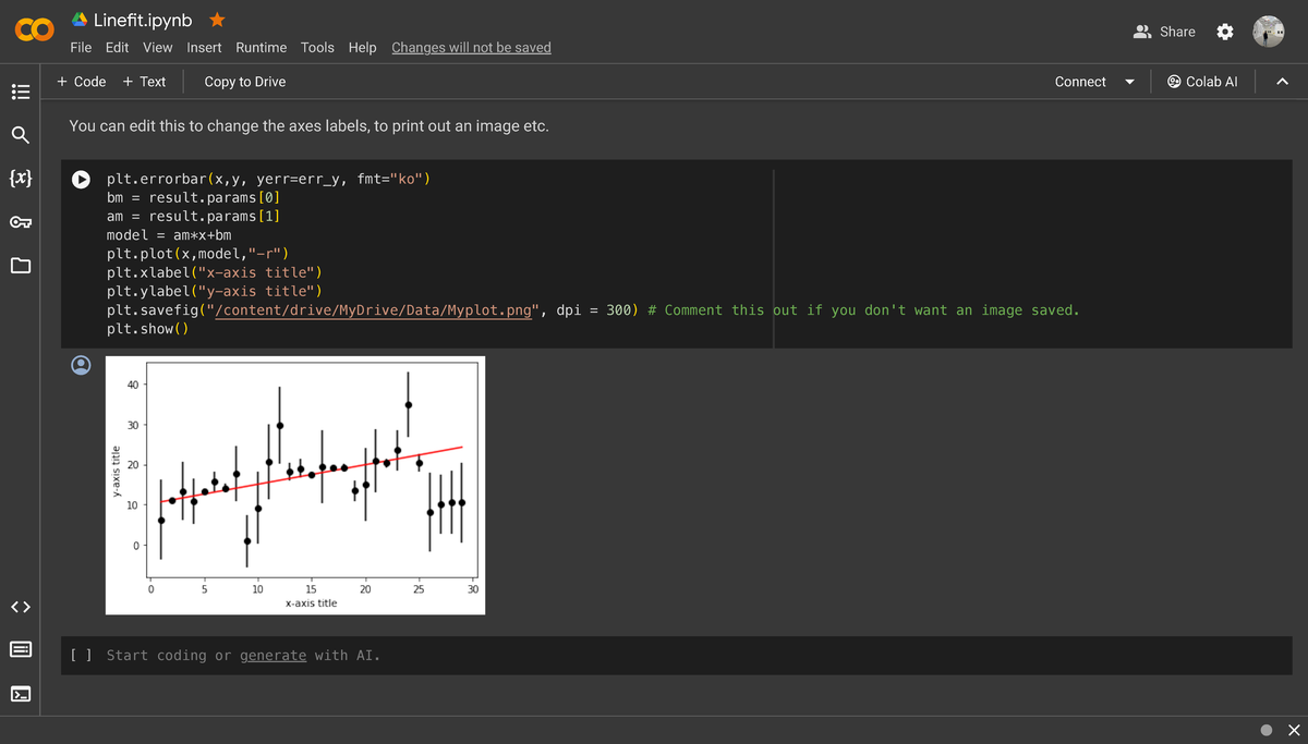 Linefit.ipynb - Colaboratory - plt() Skip to main content Linefit Changes will not be saved ...