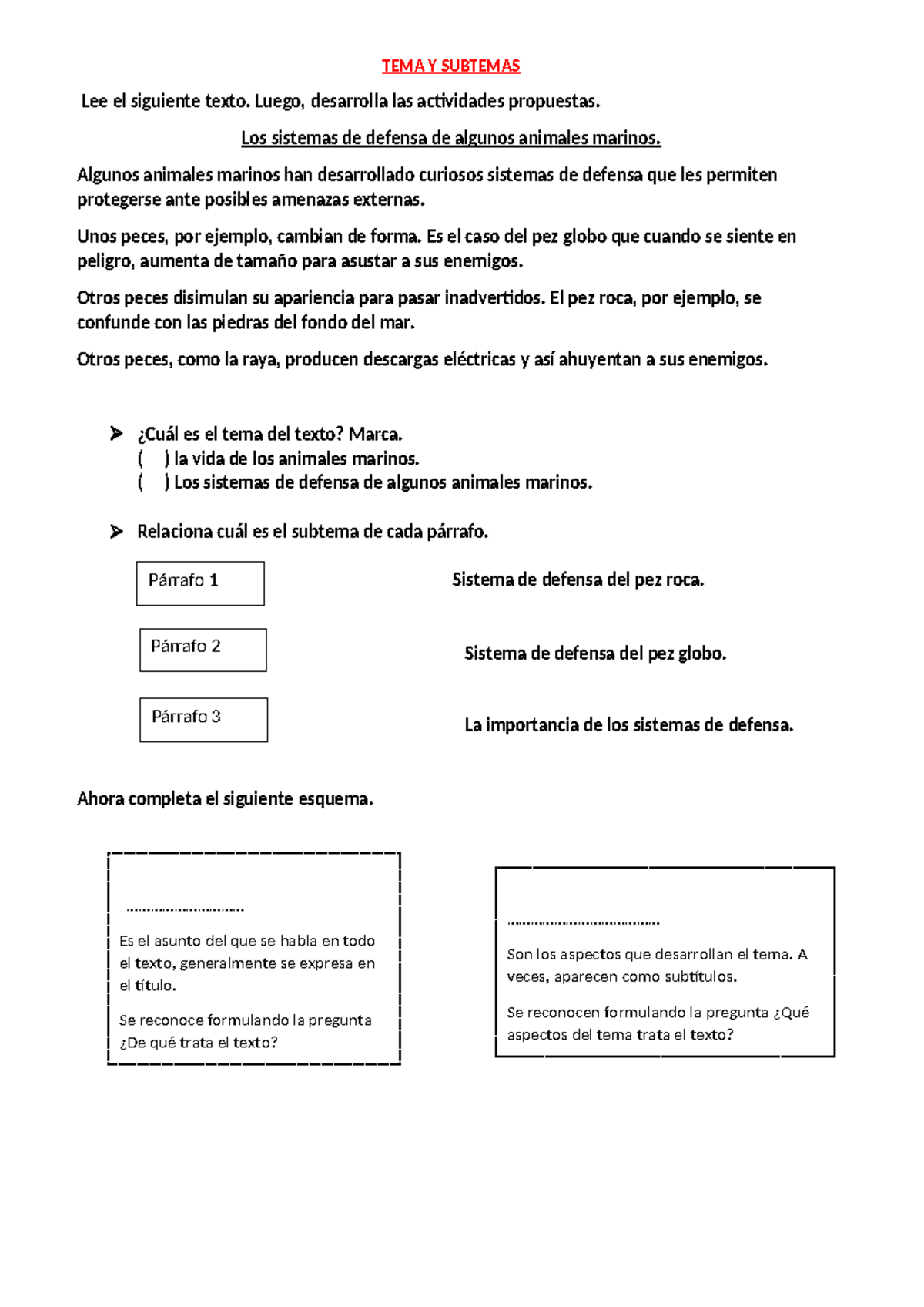 TEMA Y Subtemas - TEMA Y SUBTEMAS Lee el siguiente texto. Luego ...