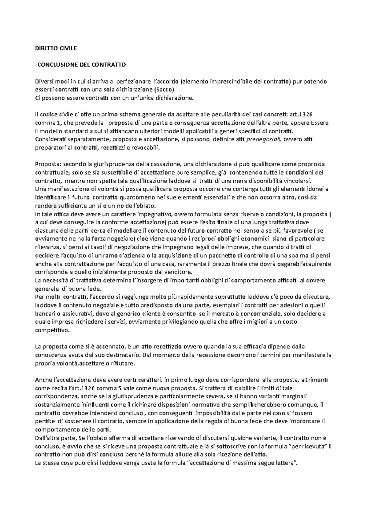 Tenella civile 1 - DIRITTO CIVILE -CONCLUSIONE DEL CONTRATTO- Diversi ...