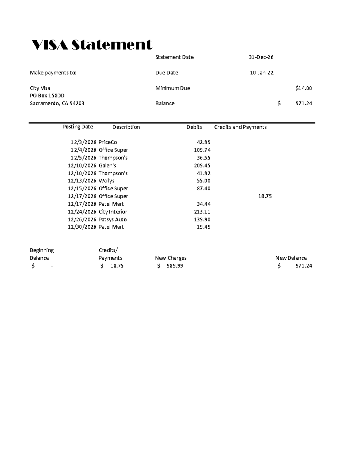 CH13 Visa Statement - Statement Date 31‐Dec‐ Make payments to: Due Date ...