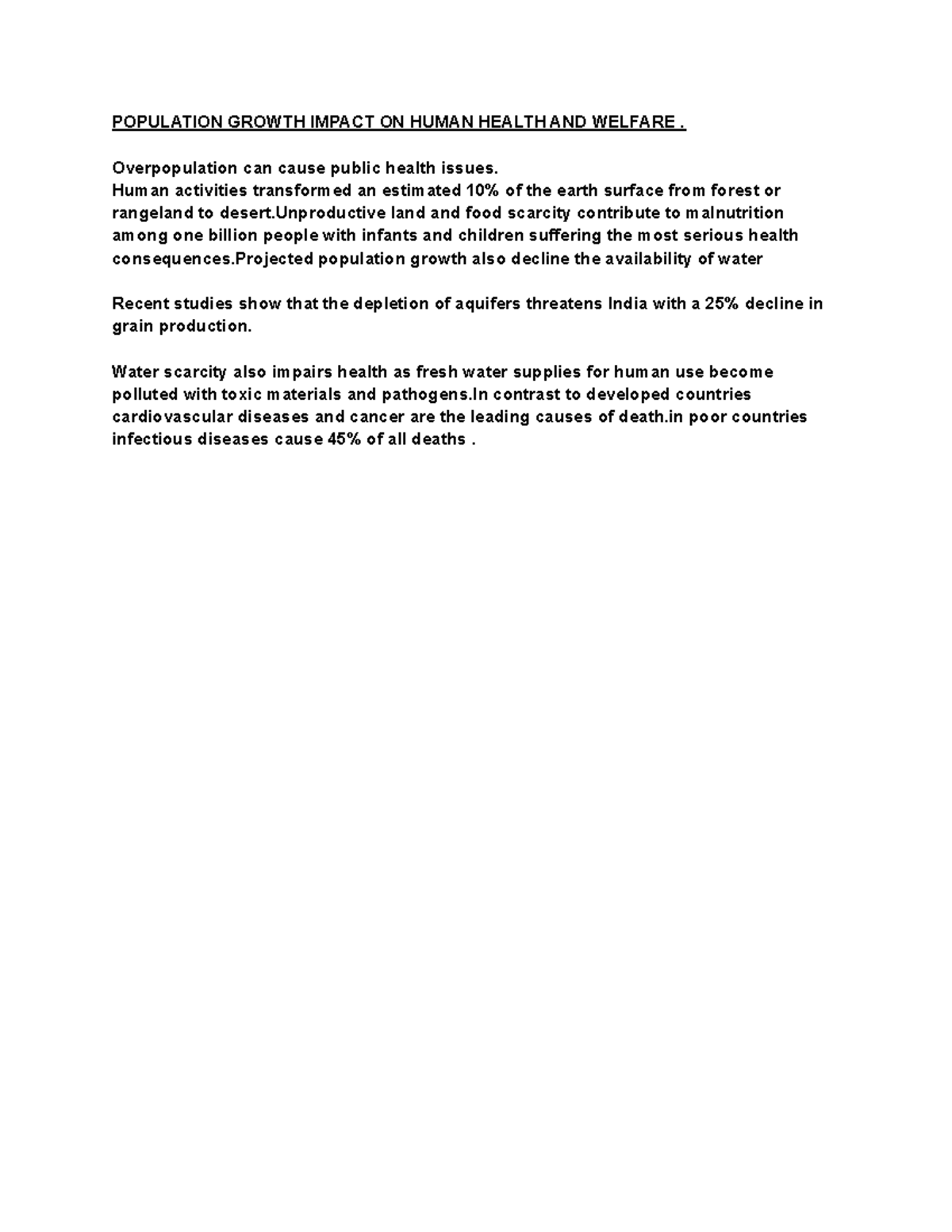 Population Growth Impact ON Human Health AND Welfare - POPULATION ...