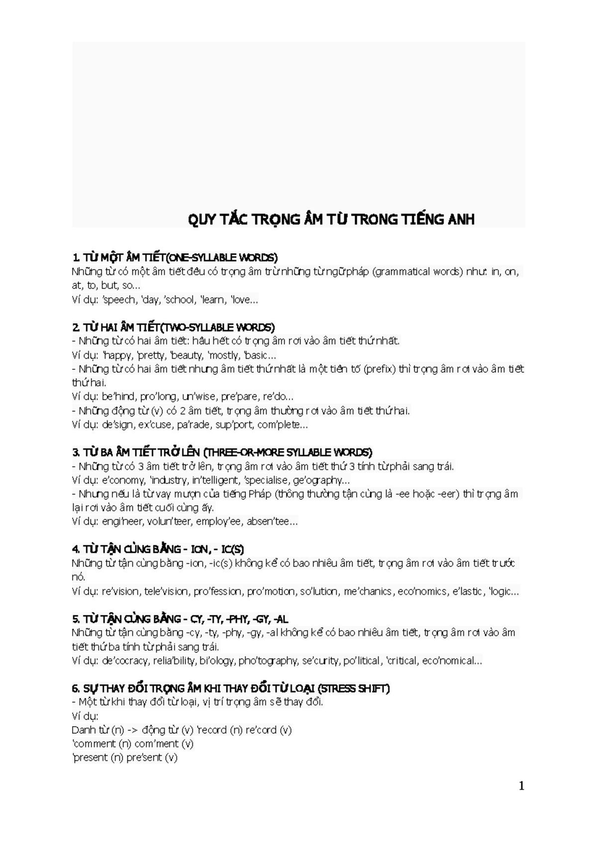 9 ALL Grammar Points - QUY T ẮC TR ỌN G ÂM T Ừ TRONG TI ẾNG ANH 1. T Ừ M ỘT ÂM TI ẾT(ONE ...