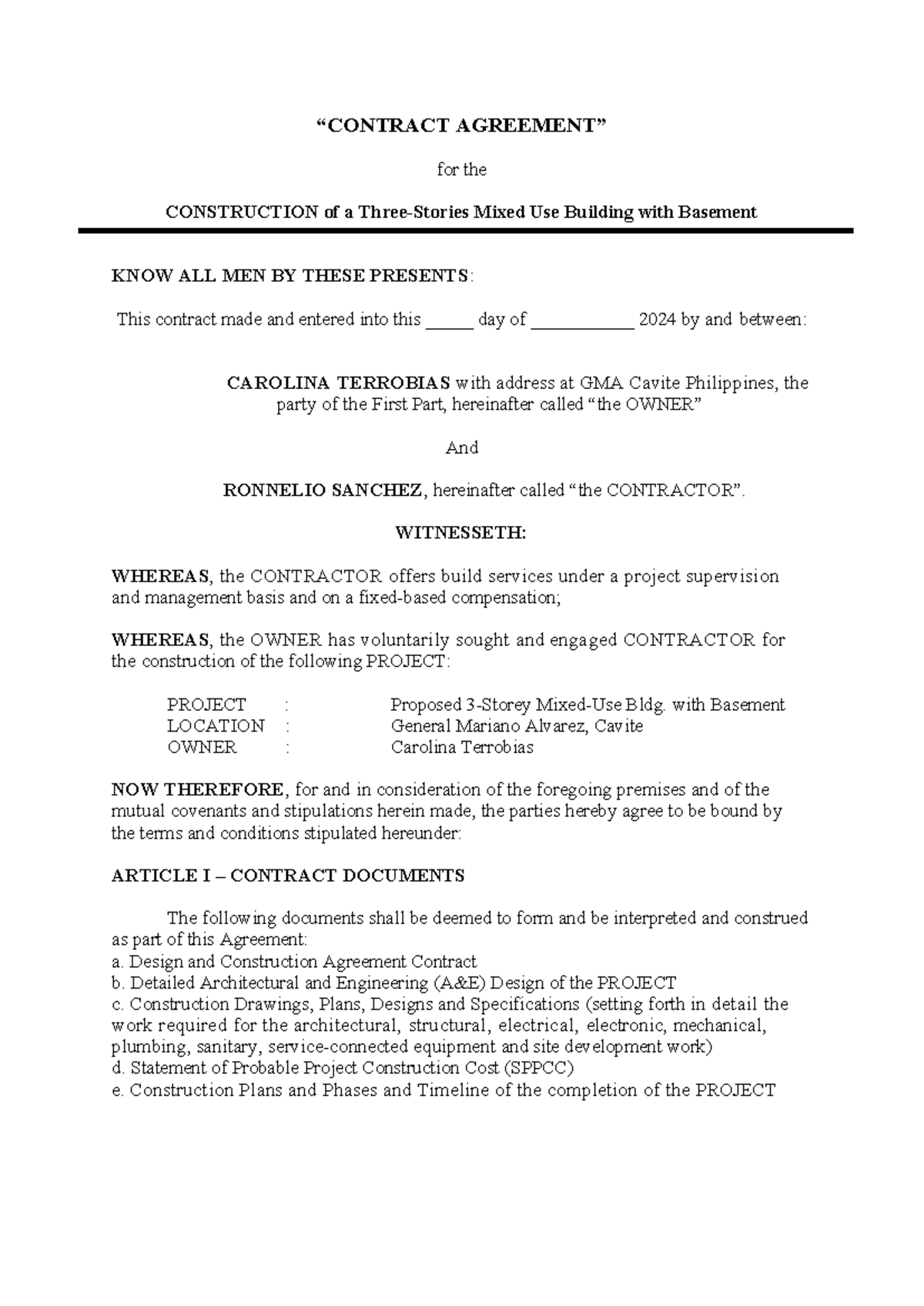 Gma contract - sample construction agreement - “CONTRACT AGREEMENT” for ...