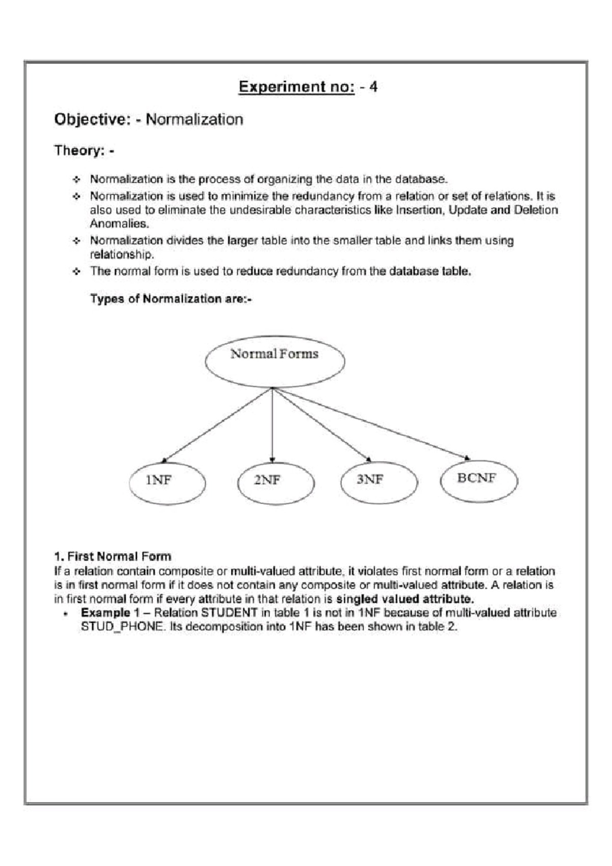 Dbms file - DBMS FILE - Experiment no: 4 Objective: Normalization Theory: Normalization is the ...