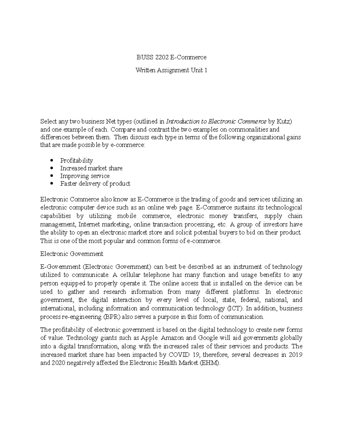 BUSS 2202 Written Assignment Unit 1 - BUSS 2202 E-Commerce Written Assignment Unit 1 Select any ...