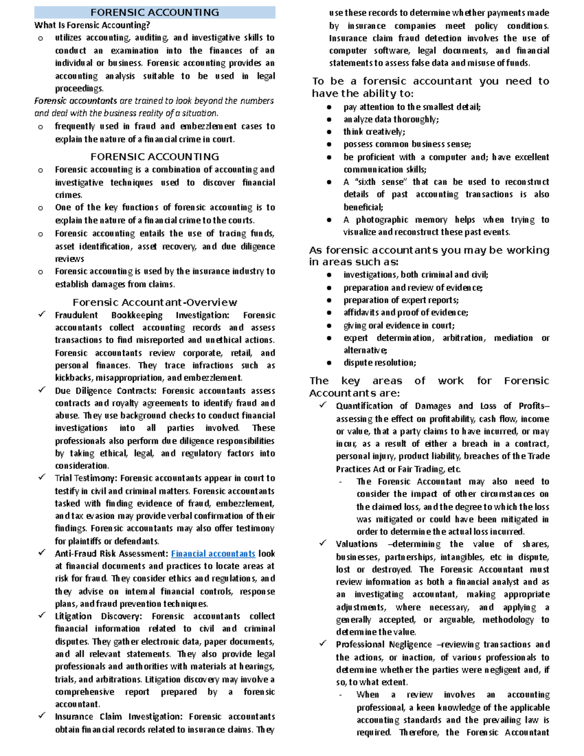 Forensic Accounting 1 - NOTES - FORENSIC ACCOUNTING What Is Forensic ...