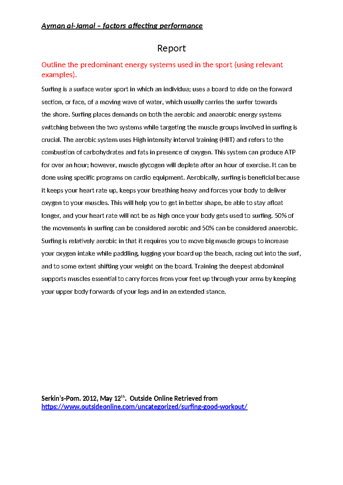Pdhpe Term1 2022 Report Outline The Predominant Energy Systems Used