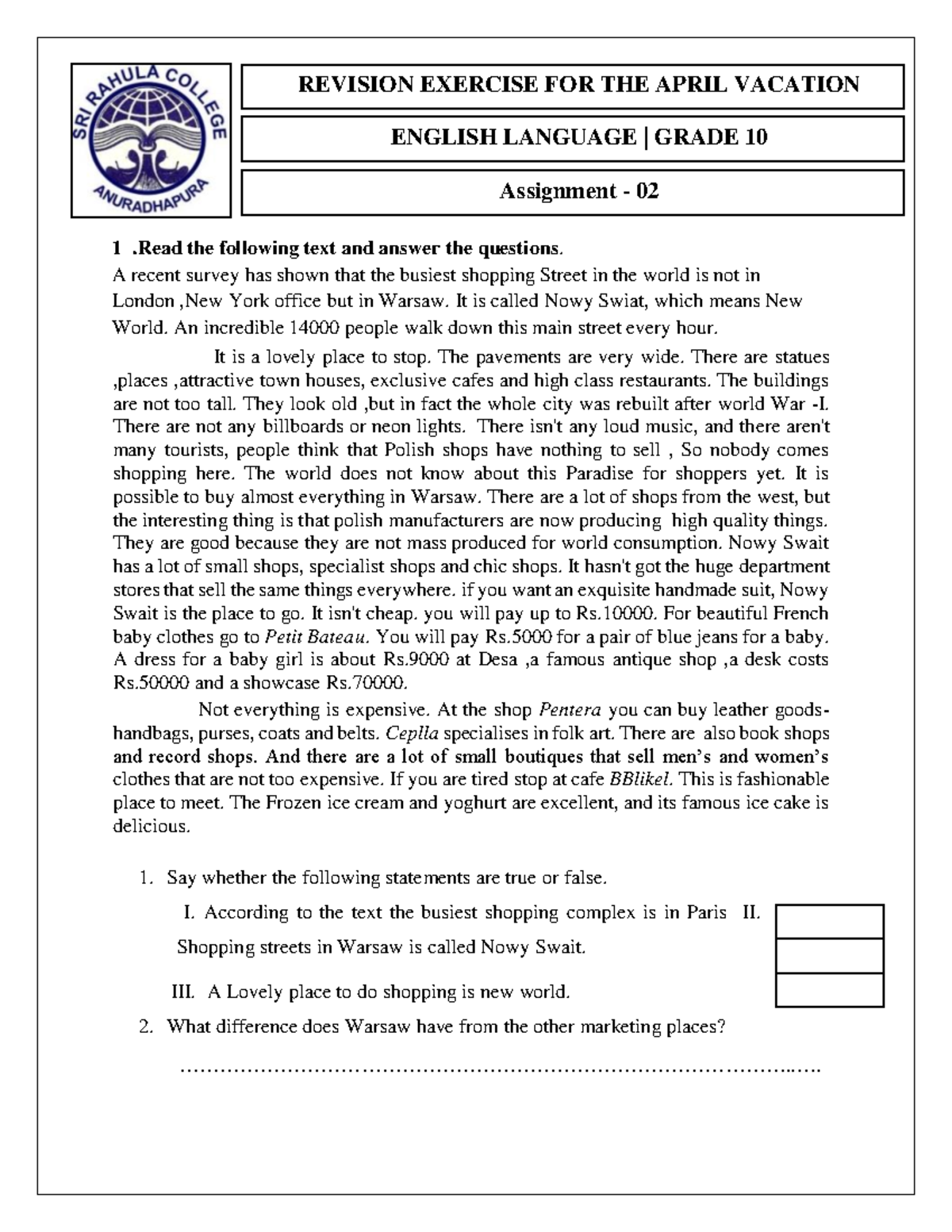 Grade 10 English Assignment 02Lecture notes 121121 - 1 .Read the ...