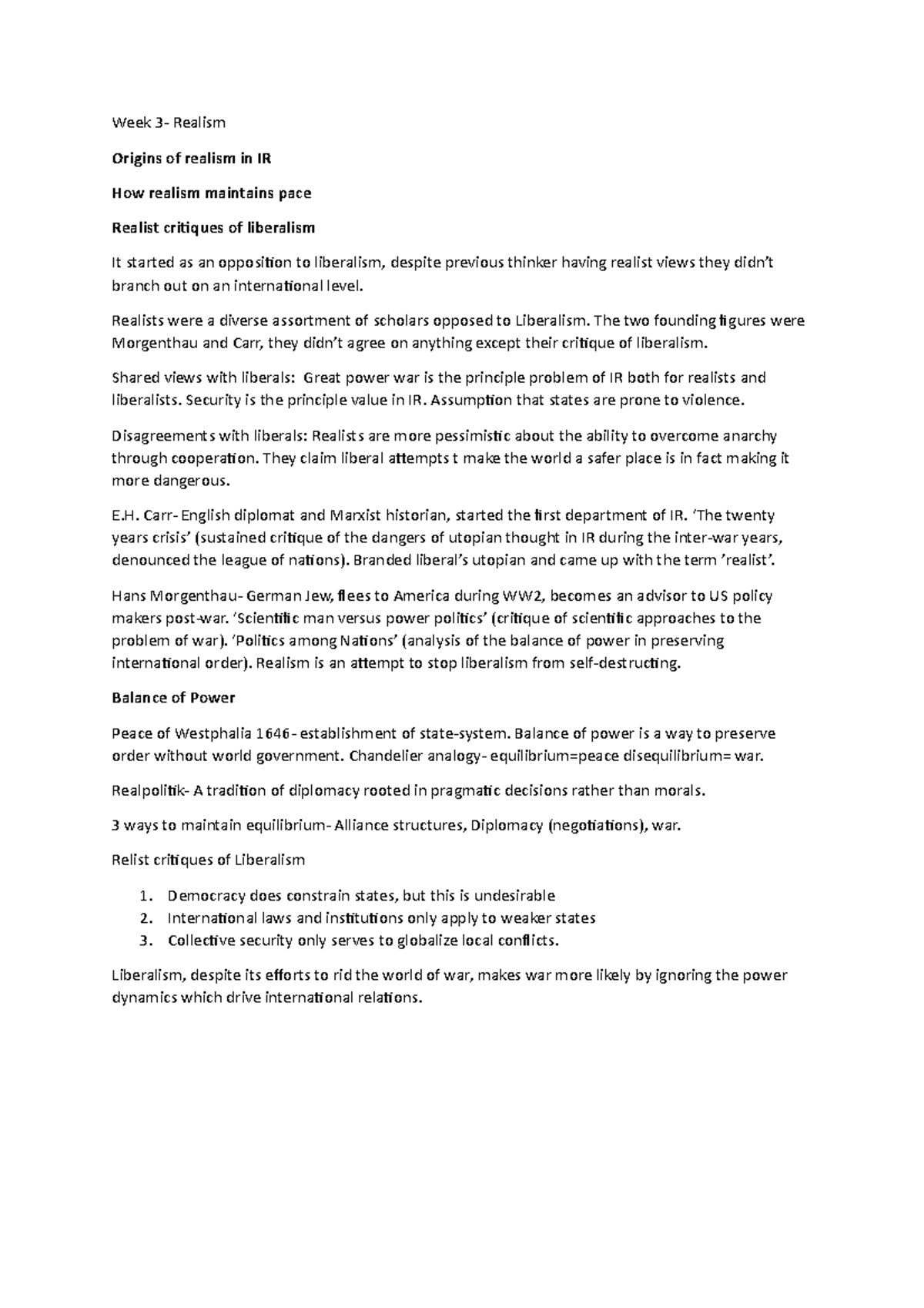 Realism - Dr Chris Zebrowski - Week 3- Realism Origins of realism in IR ...