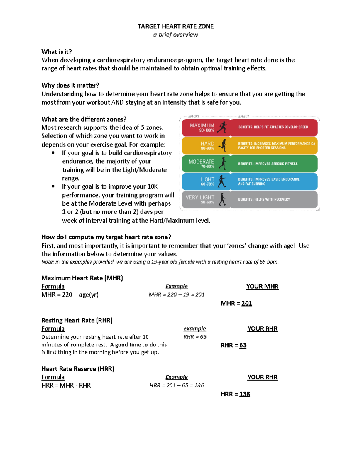 KIN100 Target Heart Rate Worksheet TARGET HEART RATE ZONE A Brief