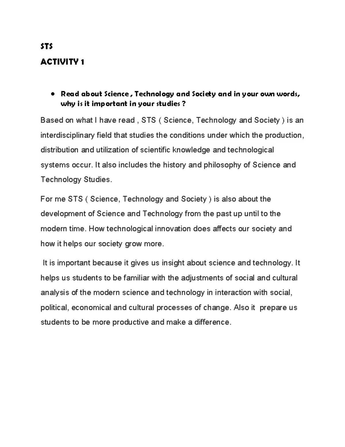 Sts-activity - Sts-activity - STS ACTIVITY 1 Read about Science ...