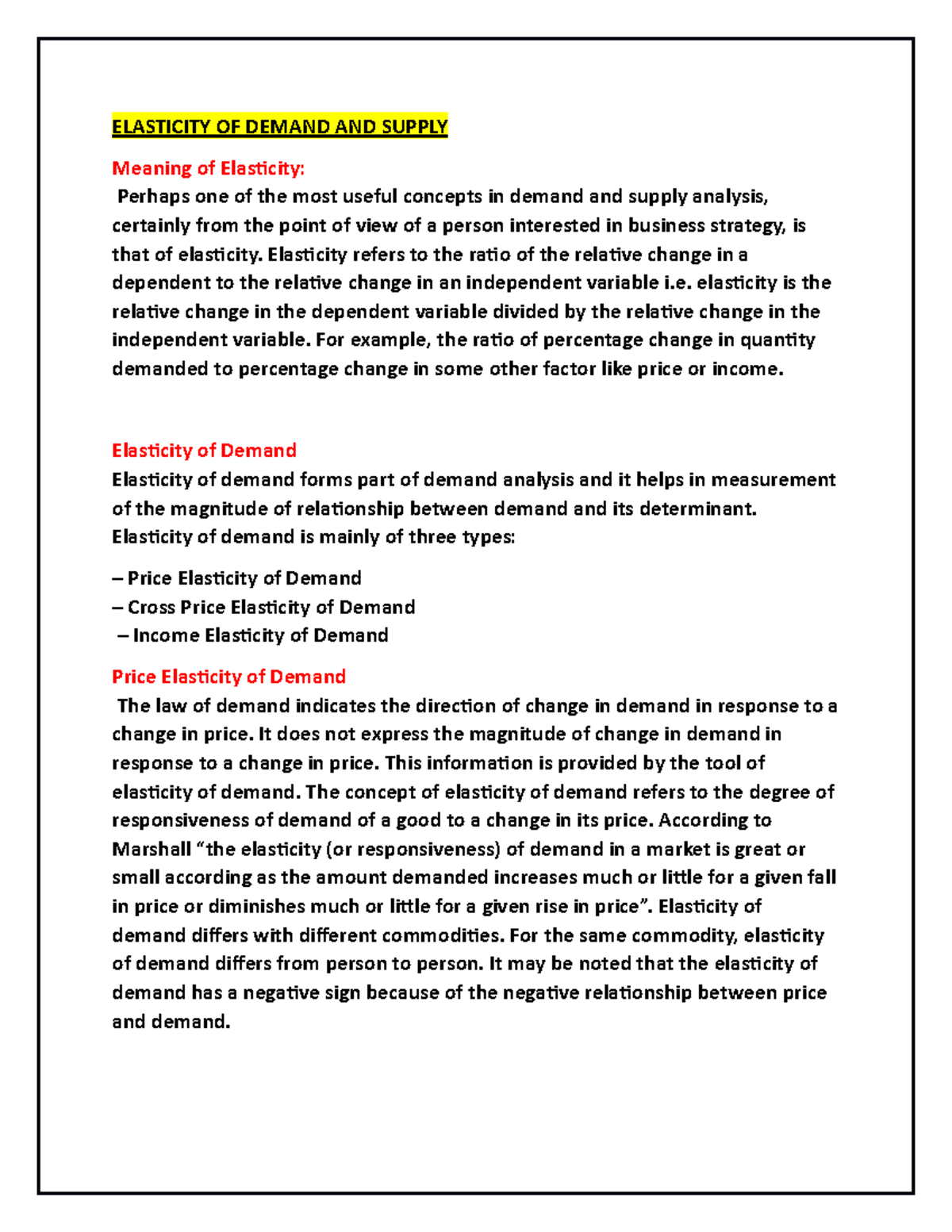 Summary Notes on Elasticity OF Demand AND Supply - ECON 10809195 - MATC ...
