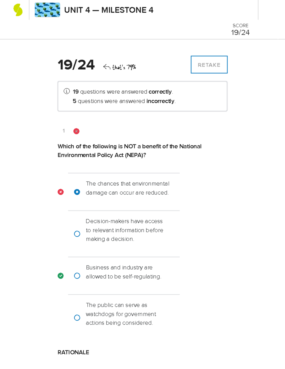 Enviromental Science milestone 4 - 1 19/24 that's 79% RETAKE 19 ...
