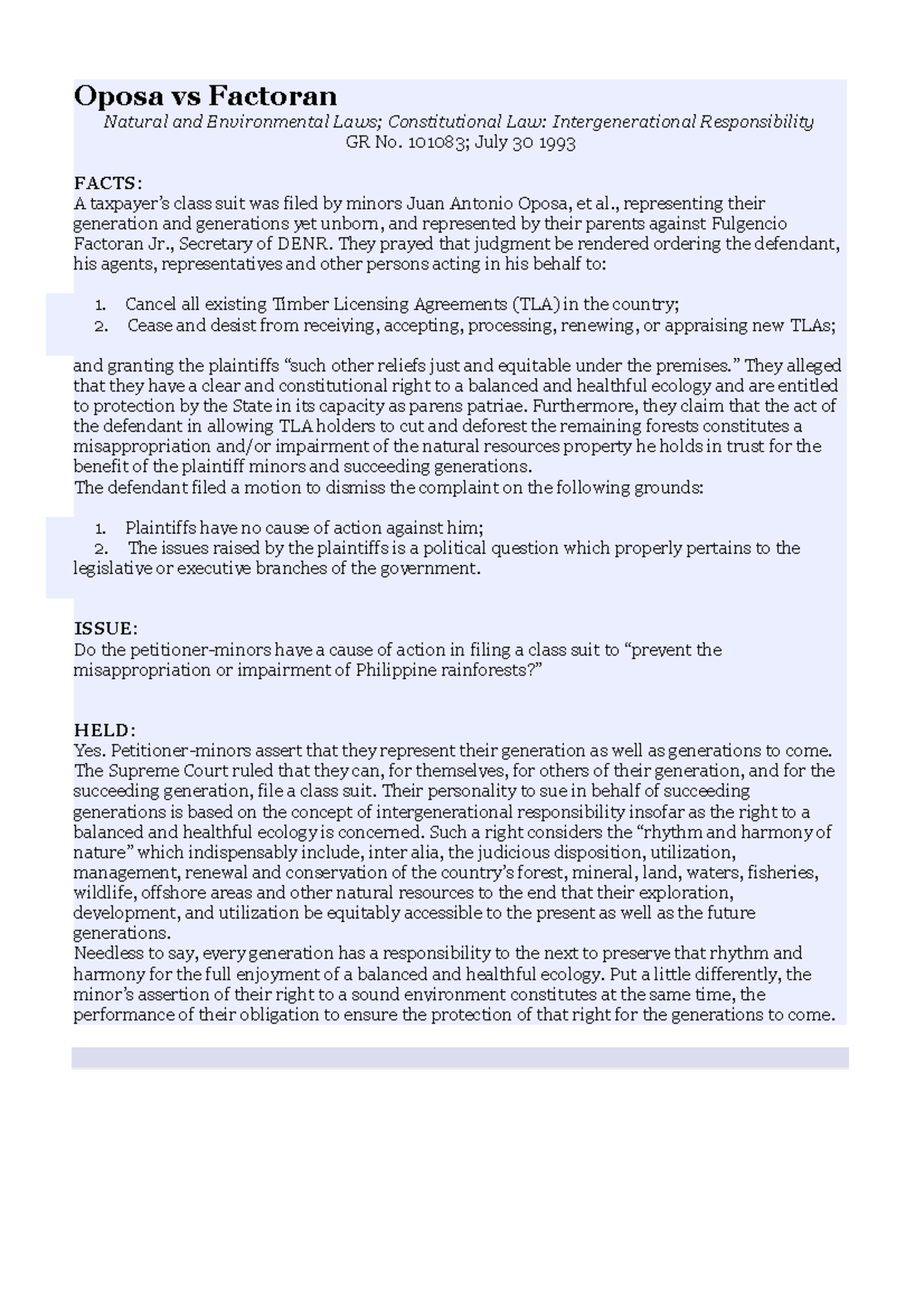 Oposa vs Factoran - Oposa vs Factoran Natural and Environmental Laws; Constitutional Law: - Studocu