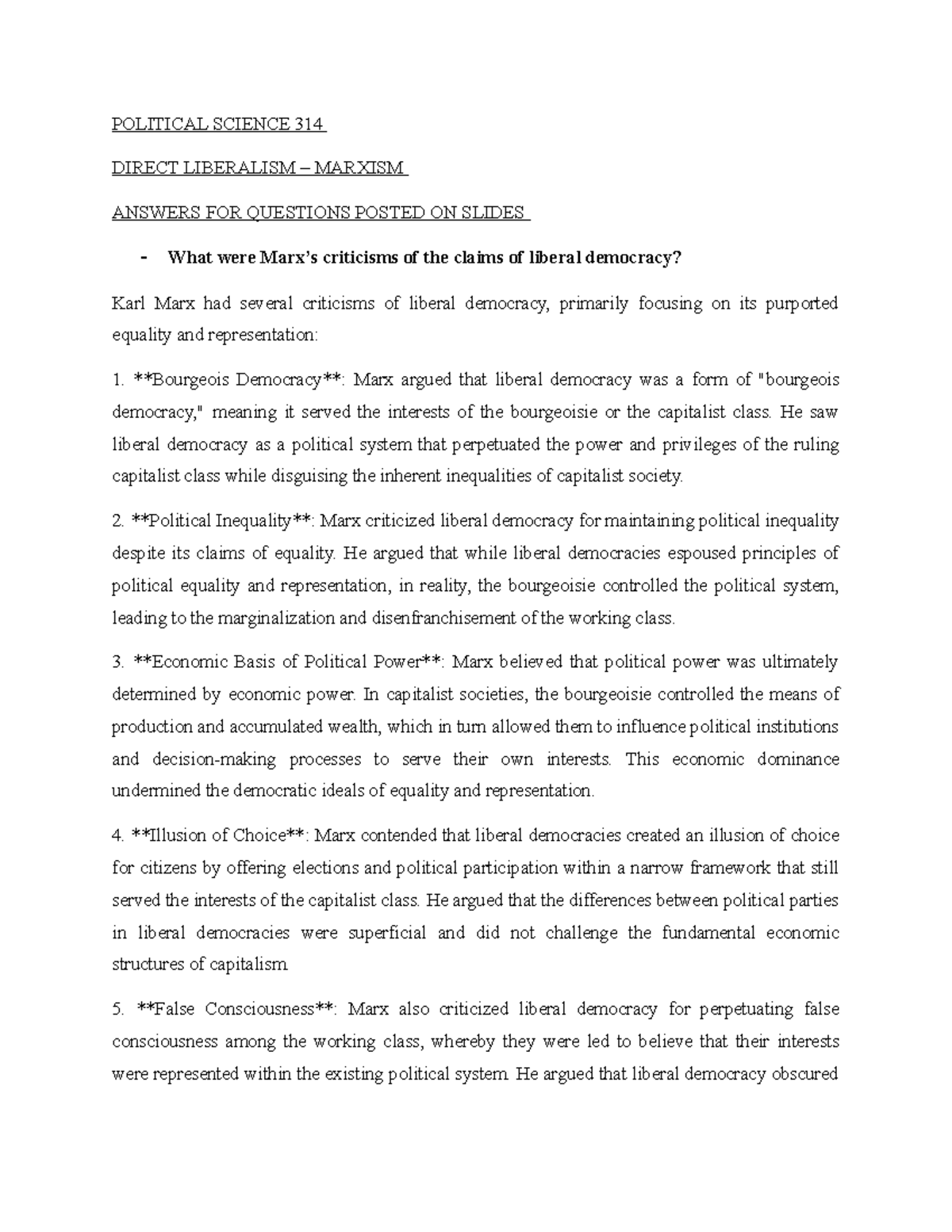 Political Science 314 Notes & Possible Questions - Slides - POLITICAL ...