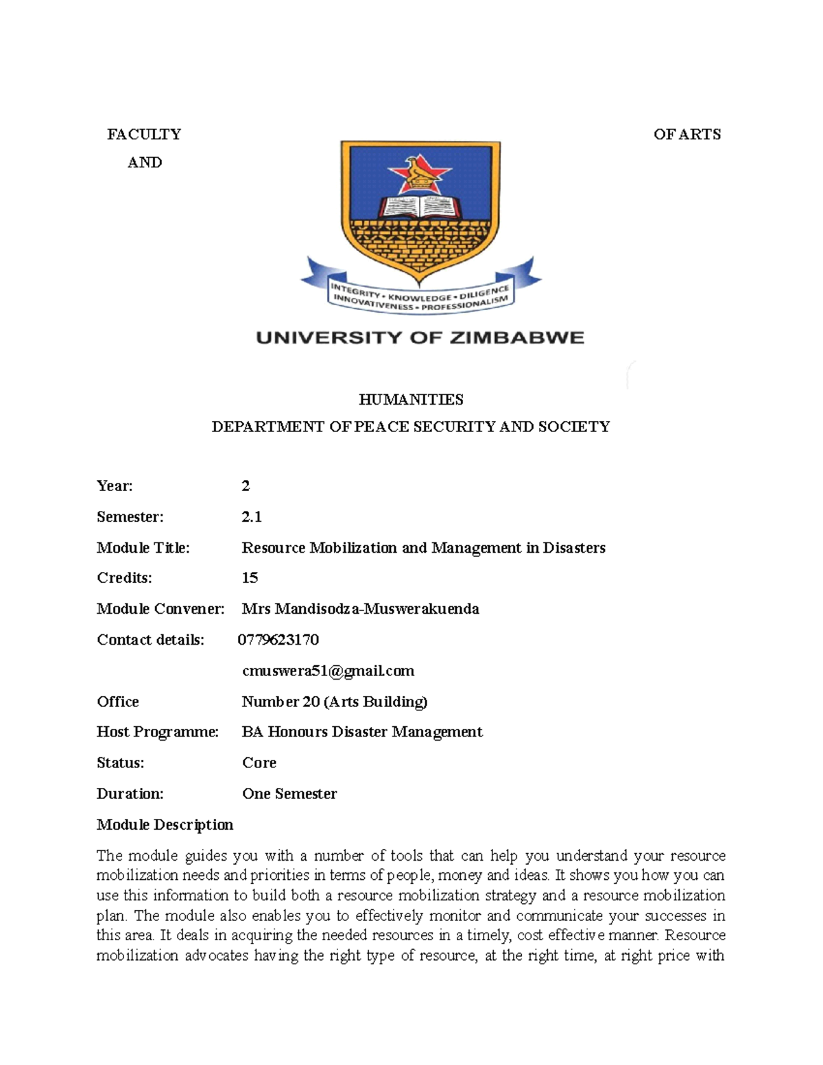 HDM 201 module outline - This is a document on how to manage disasters ...