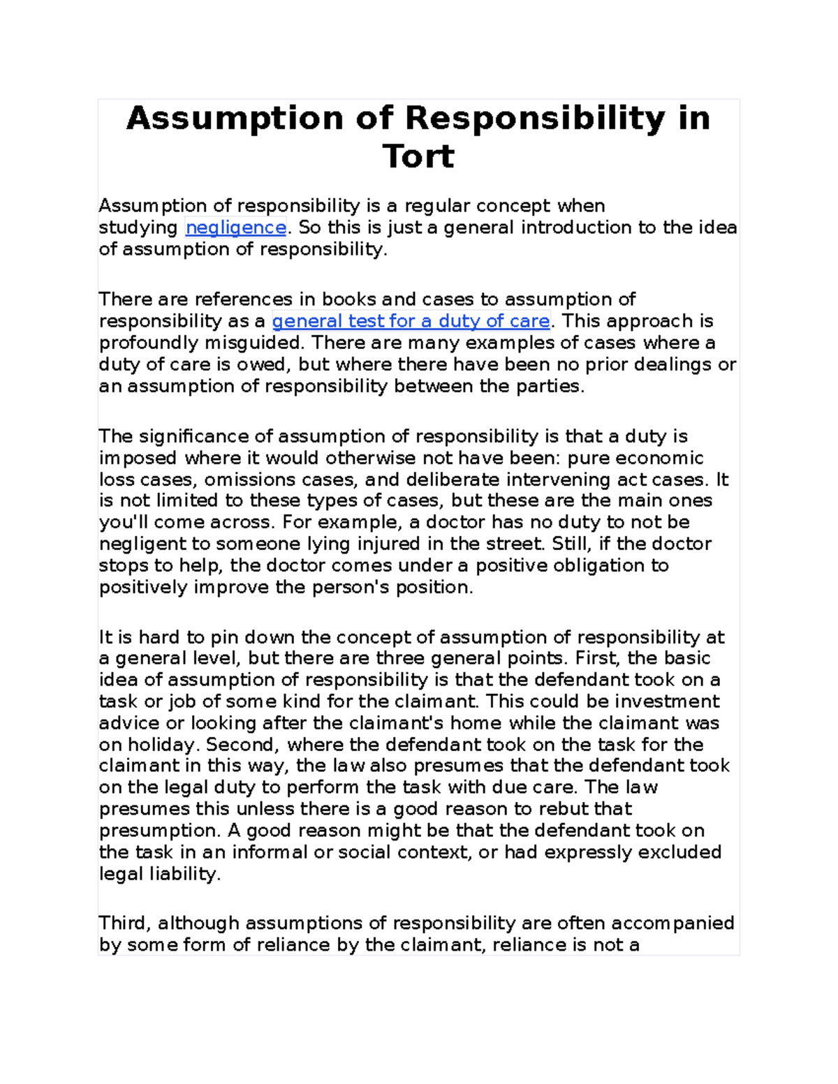 Assumption of Responsibility in Tort - Assumption of Responsibility in ...