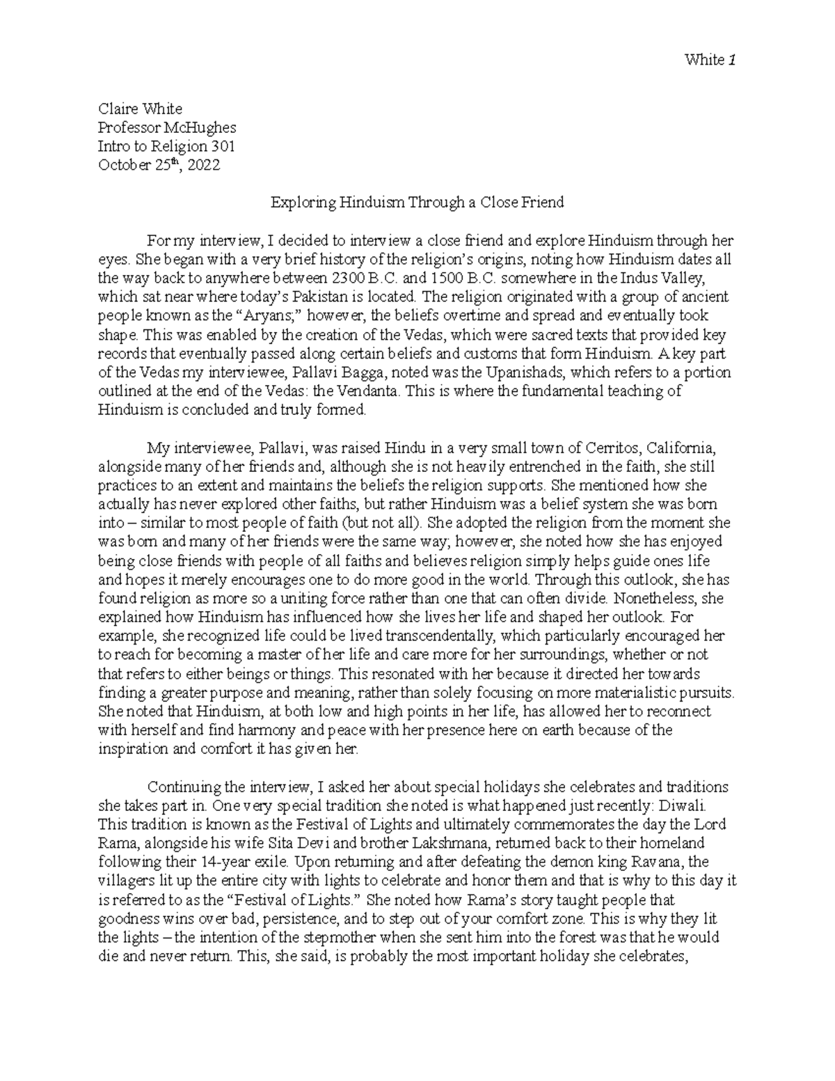 Religion biography essay 1 - White Claire White Professor McHughes ...