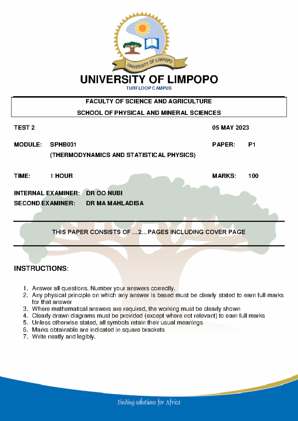 SPHB031 Test2 2023 - test 2 paper - UNIVERSITY OF LIMPOPO TURFLOOP ...