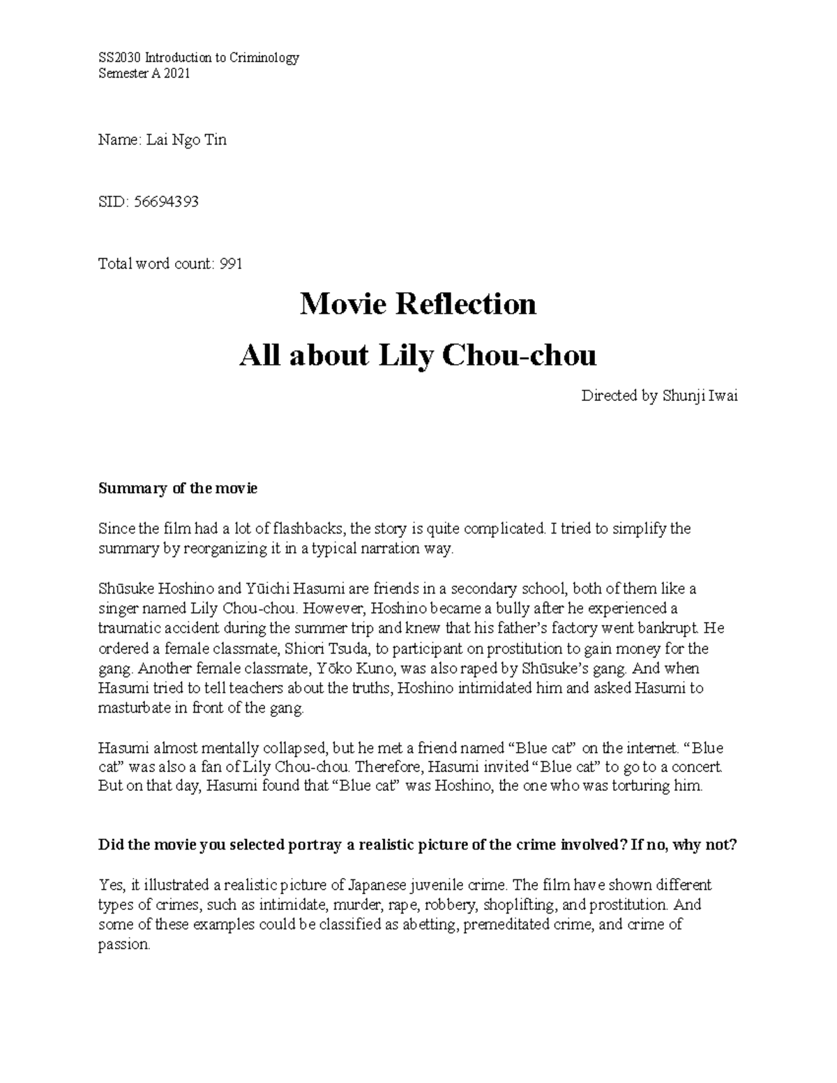 Movie Reflection on Lily chou chou - criminology - CityU - Studocu