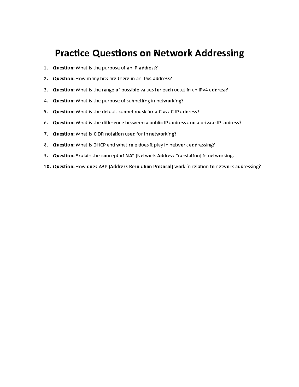 Chapter 3 Practice Questions Network Addressing - Practice Questions on Network Addressing 1 ...