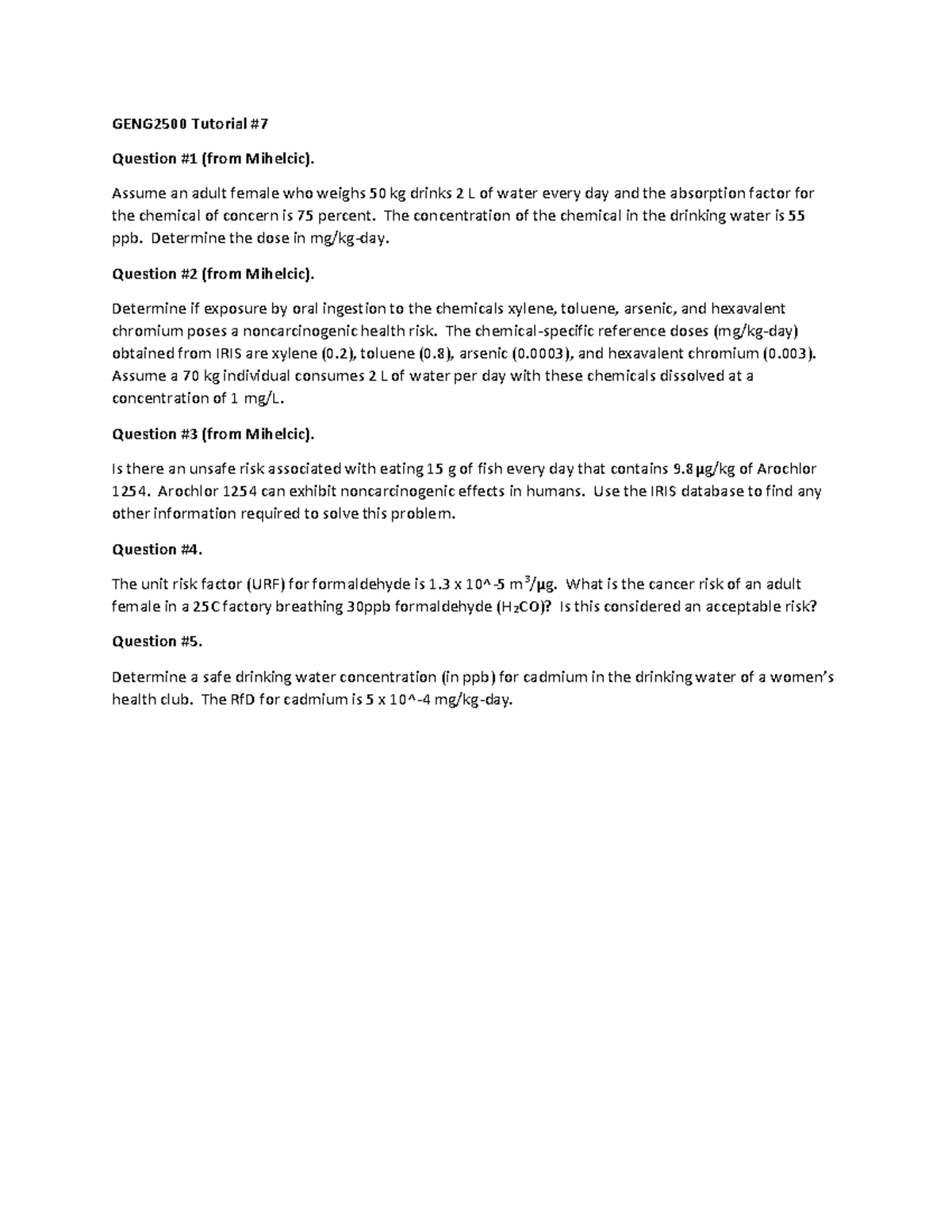 GENG2500 Tutorial 7 contain 5 questions - GENG-2500 - U of W - Studocu
