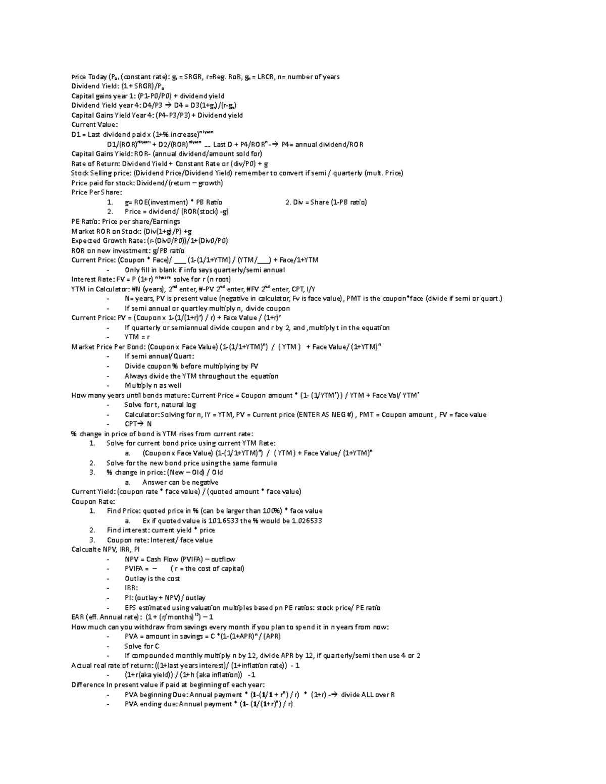 Finance cheat sheet - notes for exam - Price Today (P0 ) (constant rate ...