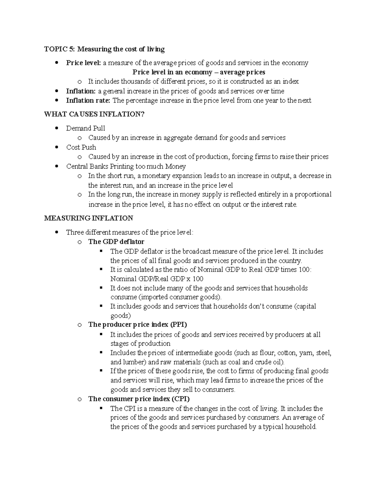 Econ Topic 5 - econ - TOPIC 5: Measuring the cost of living Price level ...