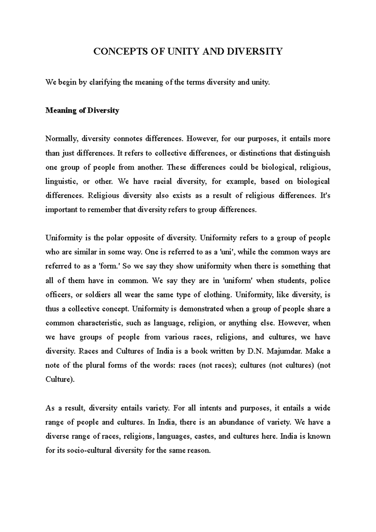 Concepts OF Unity AND Diversity - CONCEPTS OF UNITY AND DIVERSITY We ...