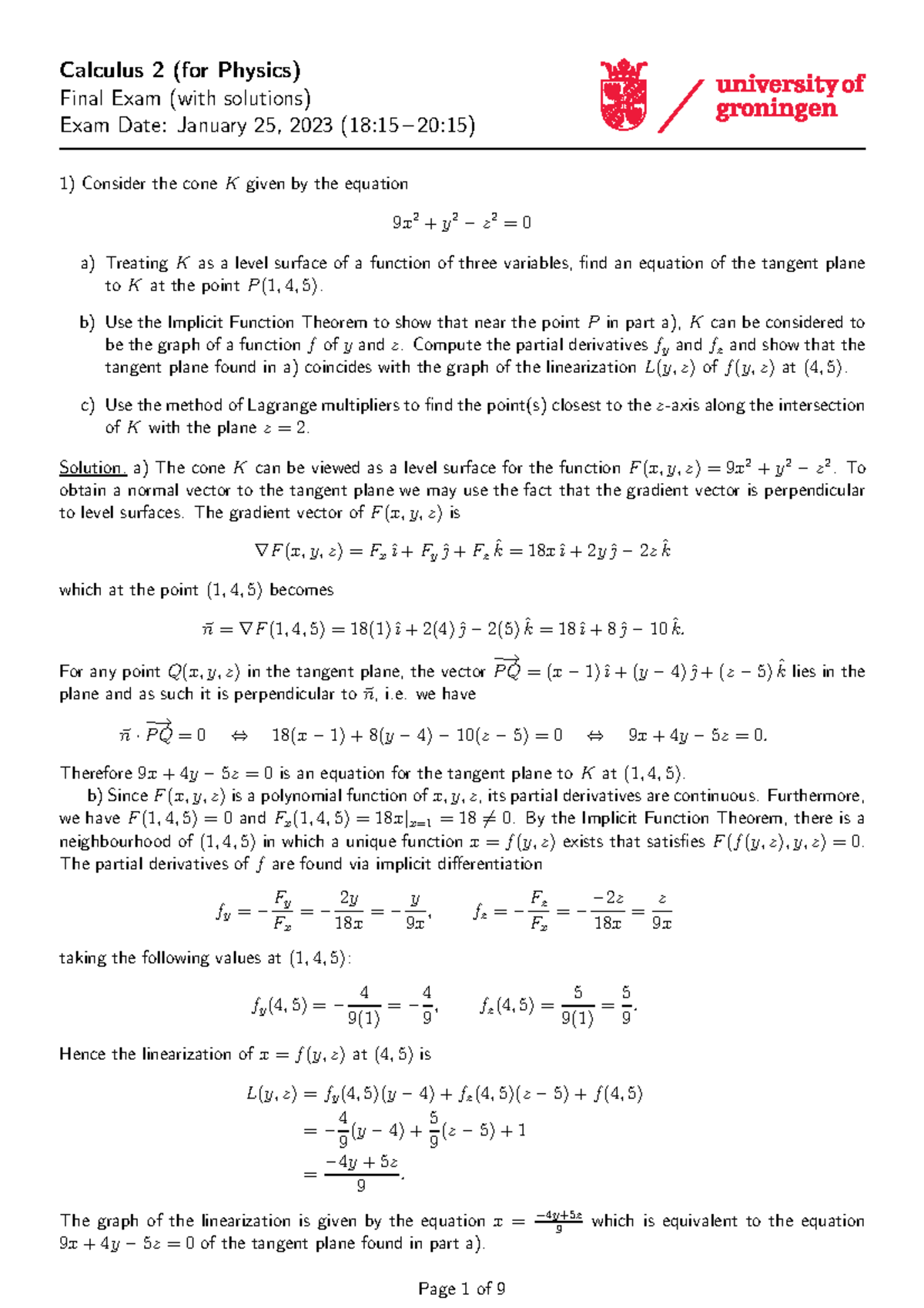Calculus 2-Final Exam-Solutions 2023 - Calculus 2 (for Physics) Final ...