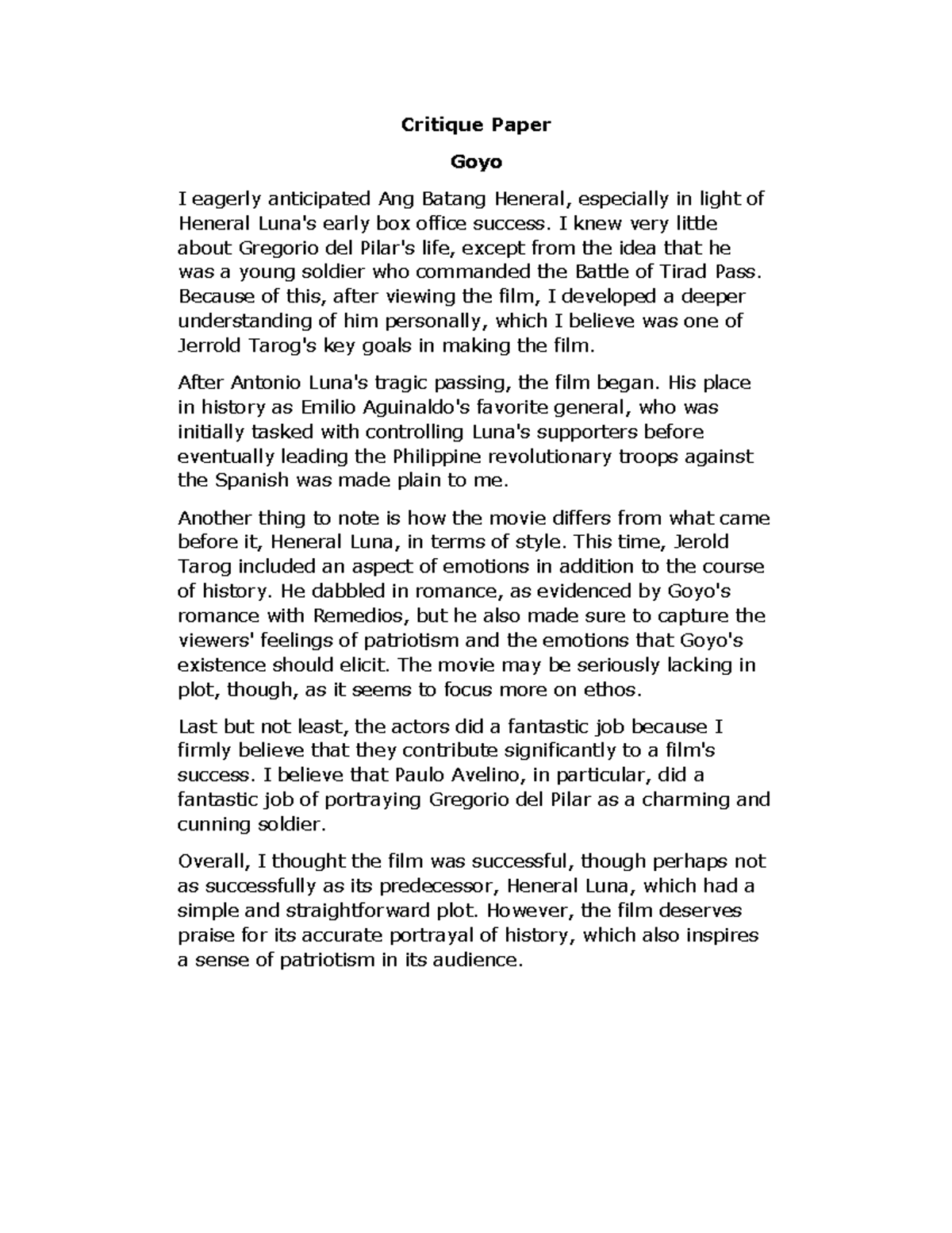 Critique Paper GOYO Magtulis - Critique Paper Goyo I eagerly ...