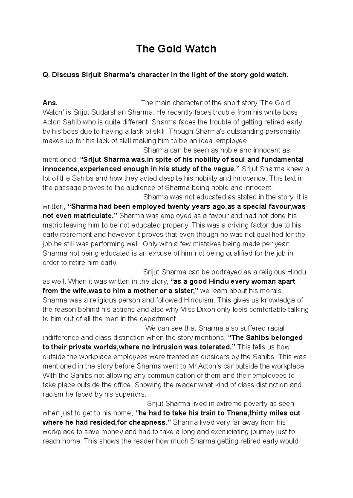 The Gold Watch - Discuss Sirjuit Sharma's character in the light of the ...