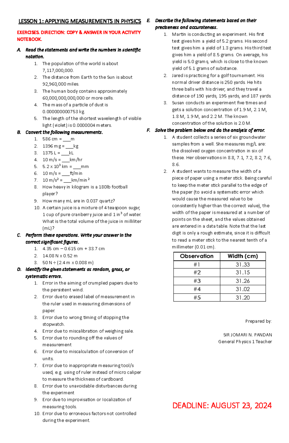 Exercises - GP1 - Lesson 1 - LESSON 1: APPLYING MEASUREMENTS IN PHYSICS ...