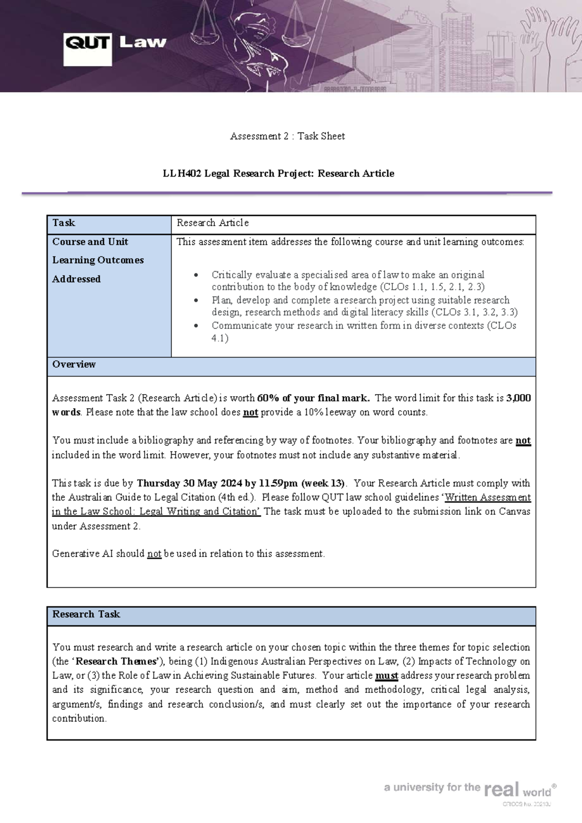 Assessment 2 Task Sheet and CRA-1 - Assessment 2 : Task Sheet LLH402 ...
