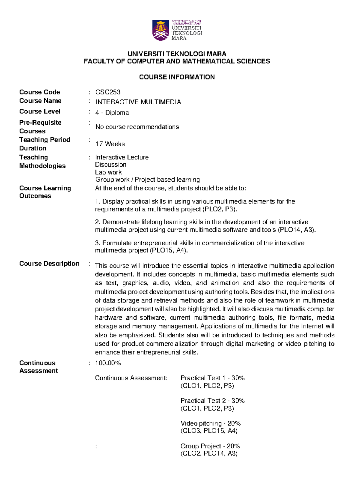 CSC253 Course Info OKT 2023 - UNIVERSITI TEKNOLOGI MARA FACULTY OF ...