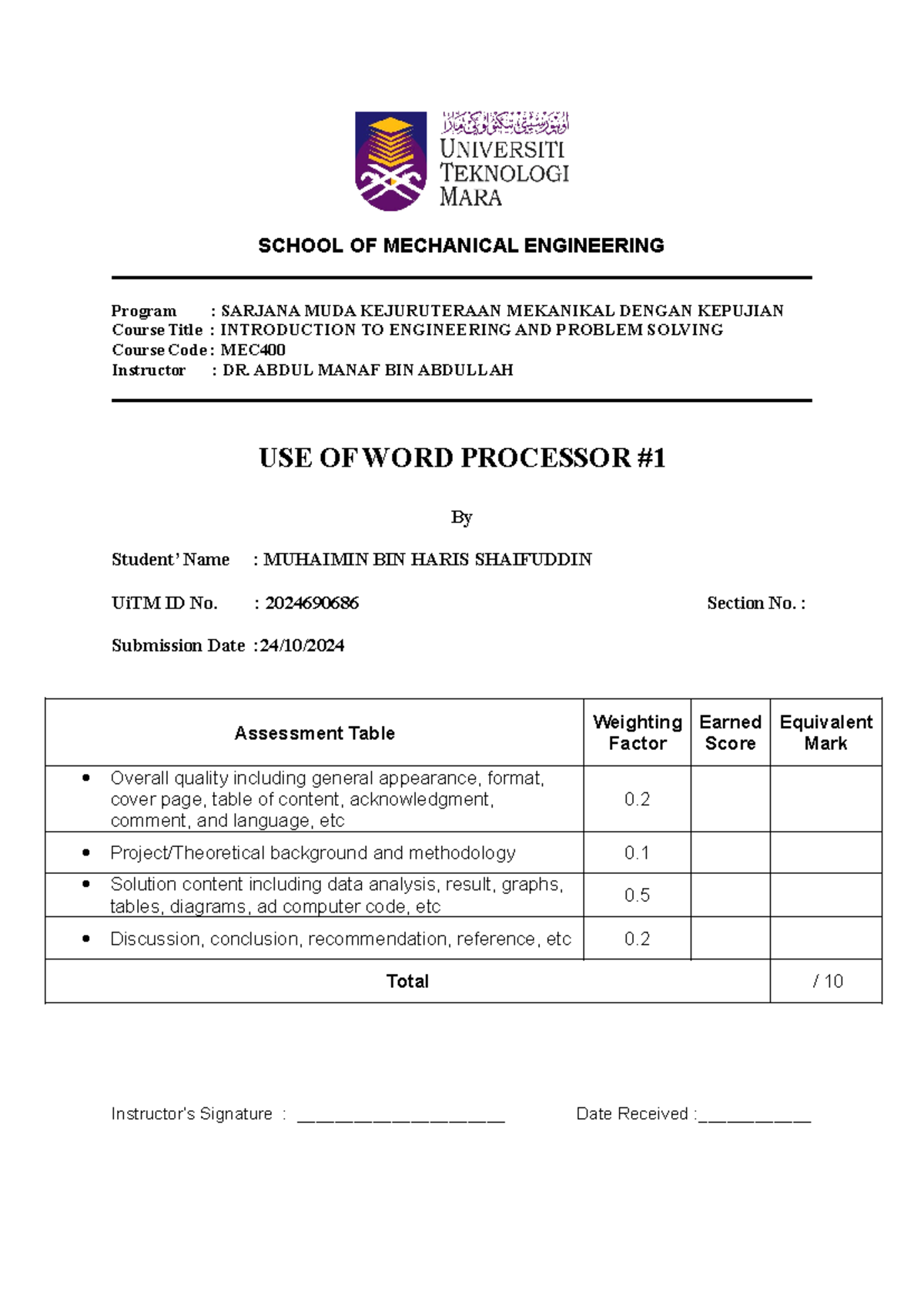 Use Of Word Processor #1 - SCHOOL OF MECHANICAL ENGINEERING Program ...