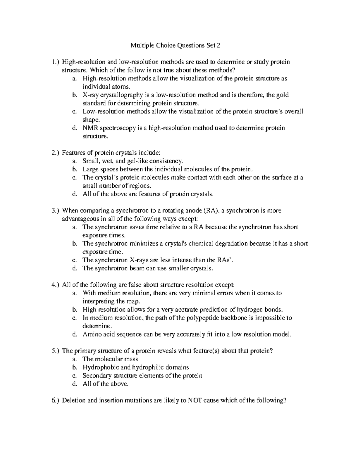 Self Quiz Molec Bio MCQ 2 - Multiple Choice Questions Set 2 1.) High ...