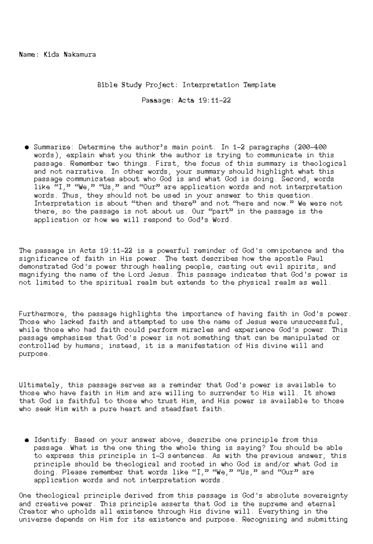 Bible Study Project Interpretation Template - Name: Kida Nakamura Bible ...