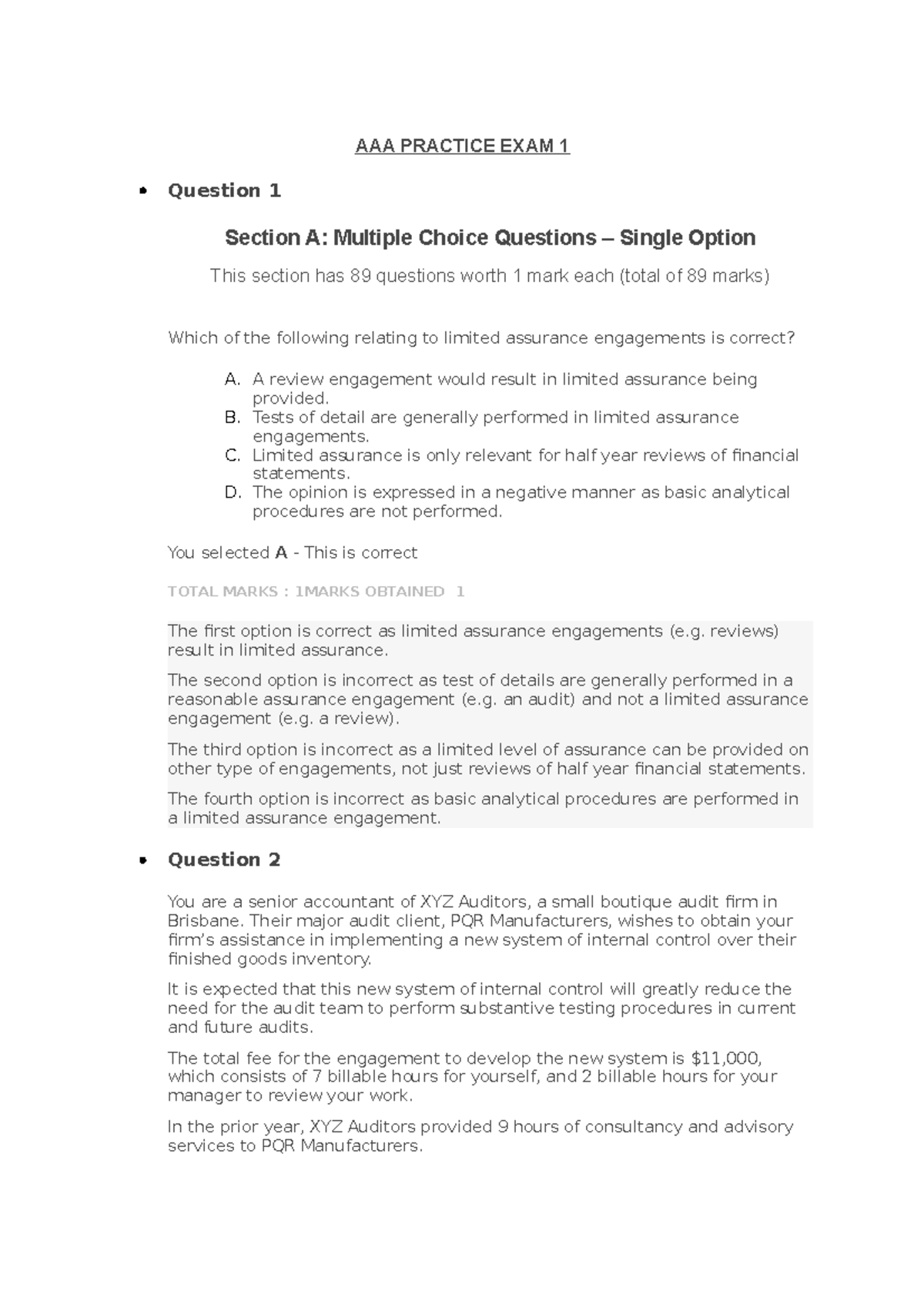 AAA Practice EXAM 1 - srthrth - AAA PRACTICE EXAM 1 Question 1 Section ...