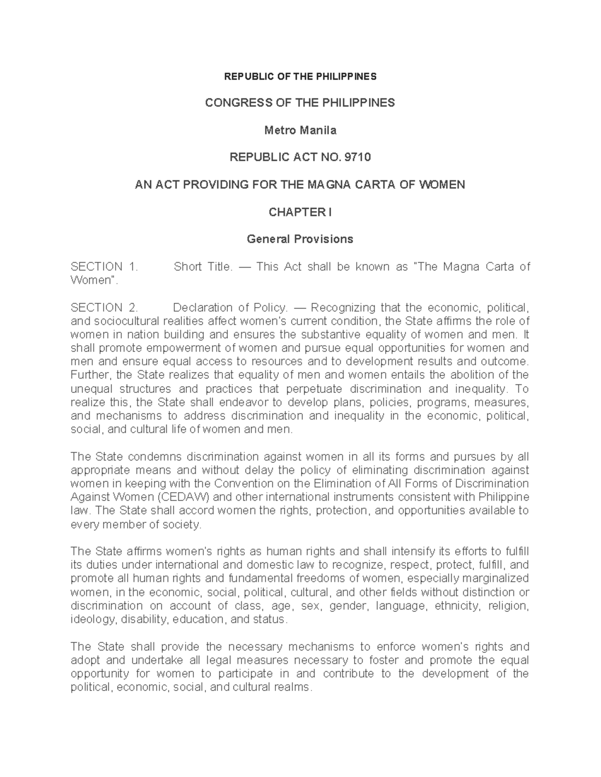RA 9710 - REPUBLIC OF THE PHILIPPINES CONGRESS OF THE PHILIPPINES Metro ...